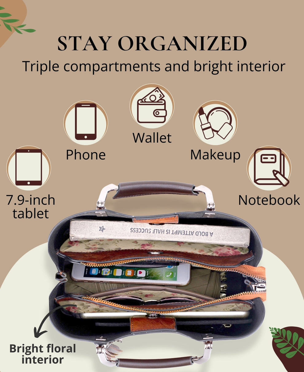 Trinity Handbag | 3-compartment Vegan top-handle Purse | Women Fashion ...